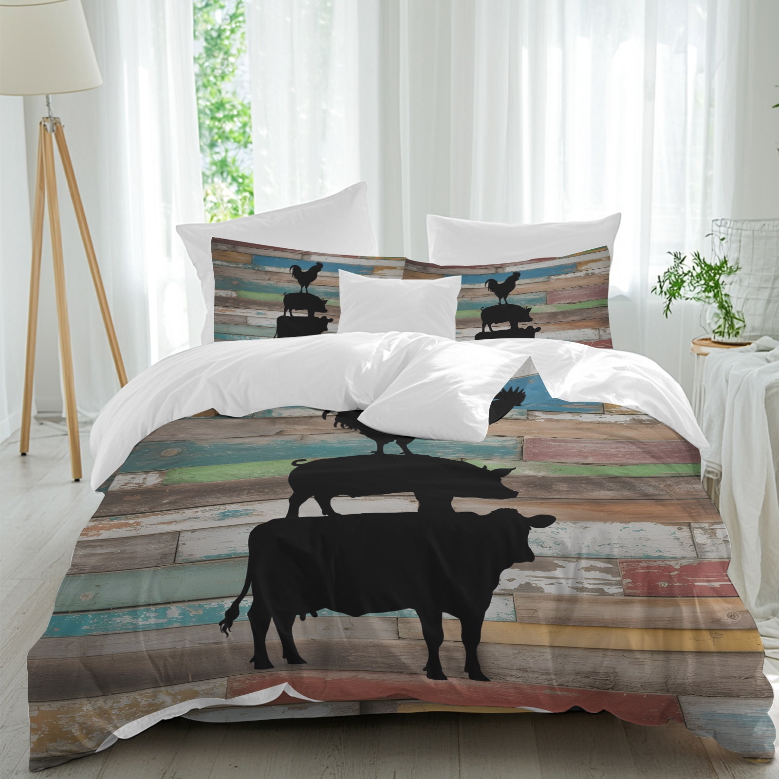 4 Piece Duvet Cover Set Full, Farm Animal Silhouette Cow Pig Chick Soft ...