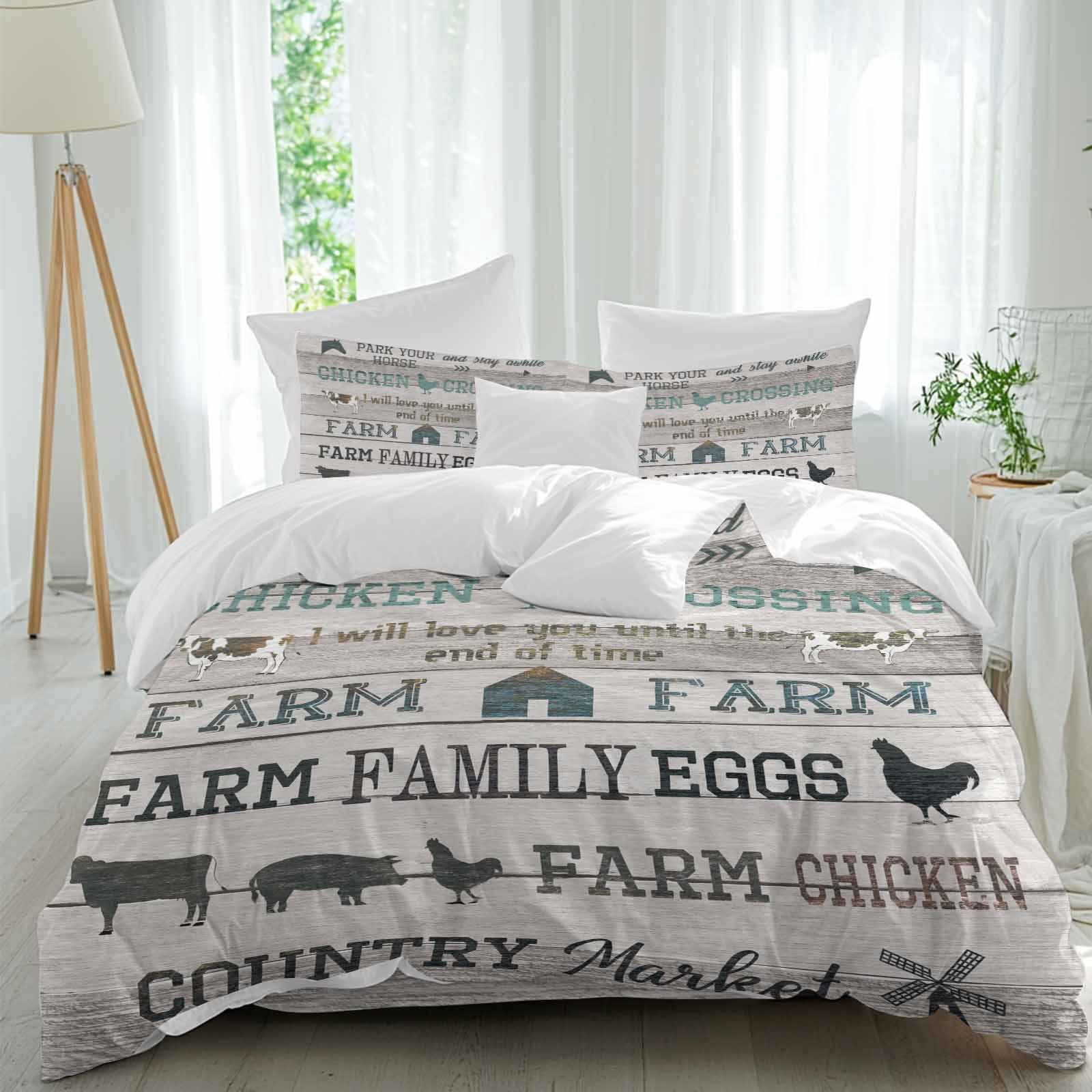 4 Piece Duvet Cover Set Full, Farm Animal Vintage Plank Soft Breathable ...
