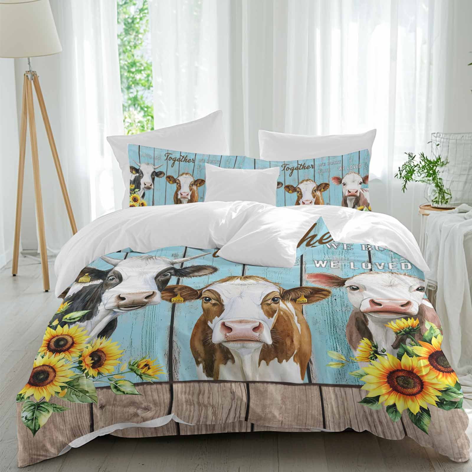 4 Piece Duvet Cover Set Full, Farm Cow Sunflower Soft Breathable ...