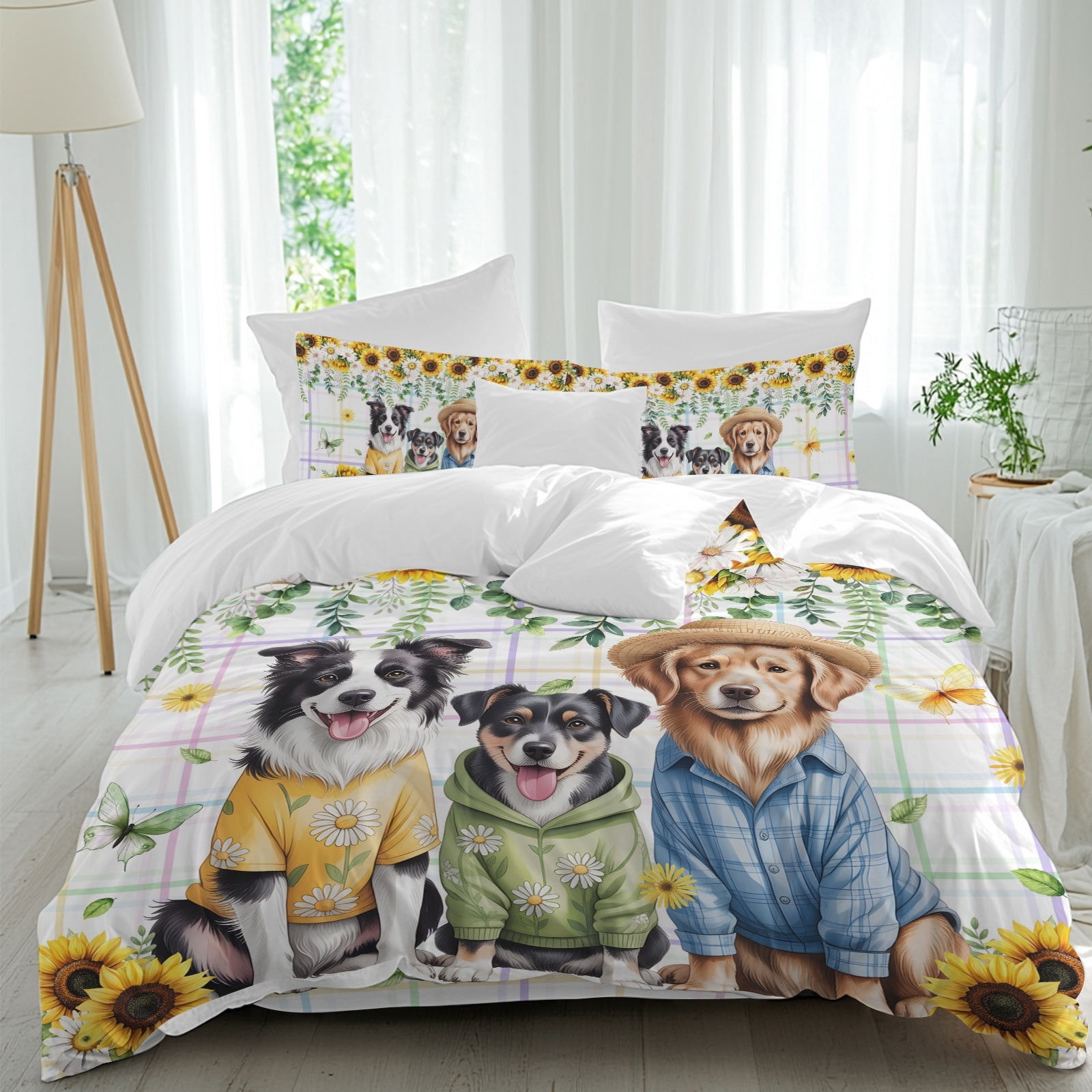 4 Piece Duvet Cover Set Full, Farm Cute Dogs Farm Sunflowers Soft ...