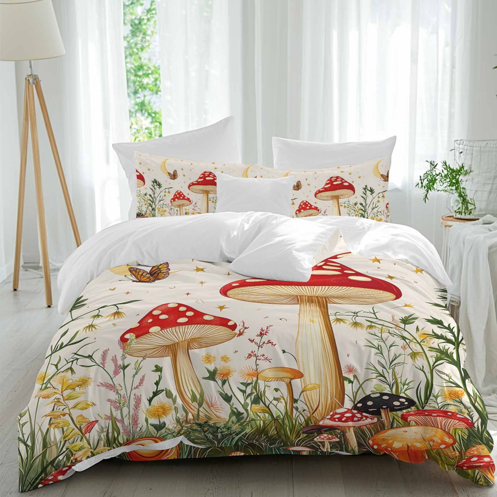 4 Piece Duvet Cover Set Full, Farm Mushrooms Green Leaves Soft ...