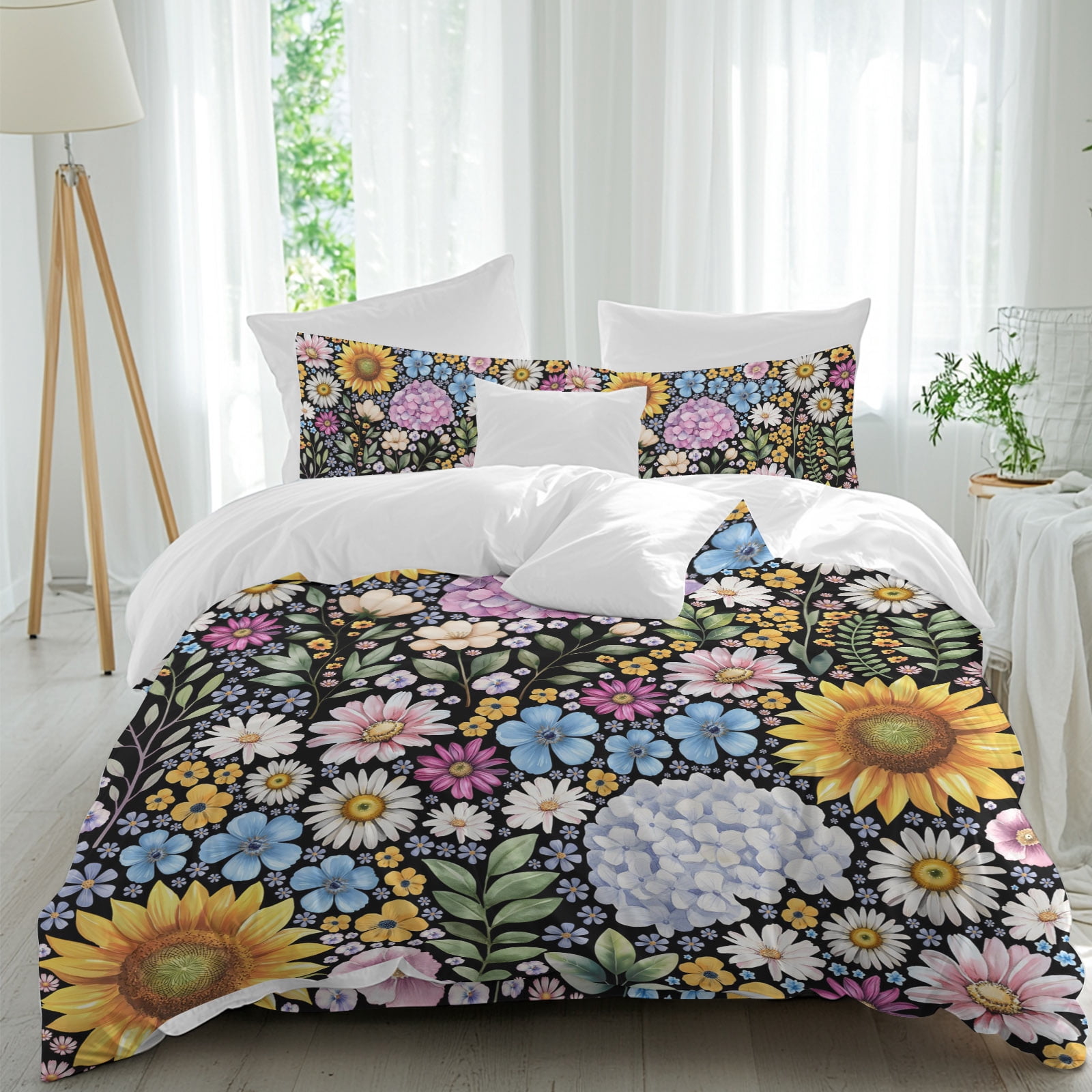 4 Piece Duvet Cover Set Full, Farm Sunflower Hydrangea on Black Soft ...