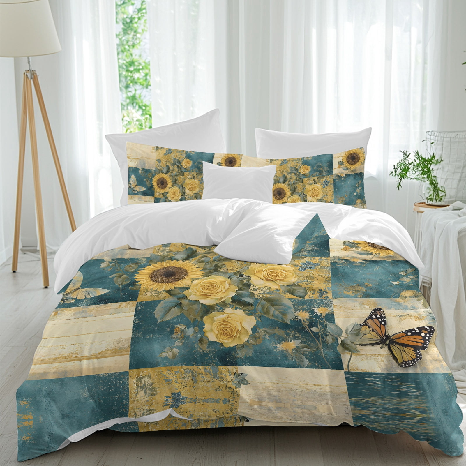 4 Piece Duvet Cover Set Full, Farm Sunflower Rose Butterfly Soft ...