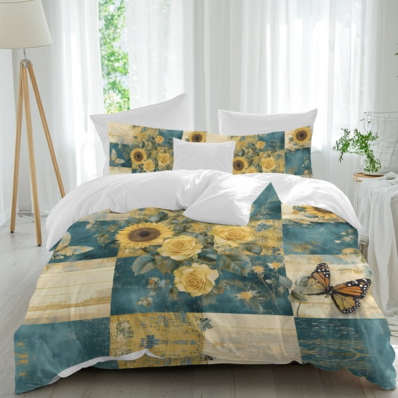 4 Piece Duvet Cover Set Full, Farm Sunflower Rose Butterfly Soft ...
