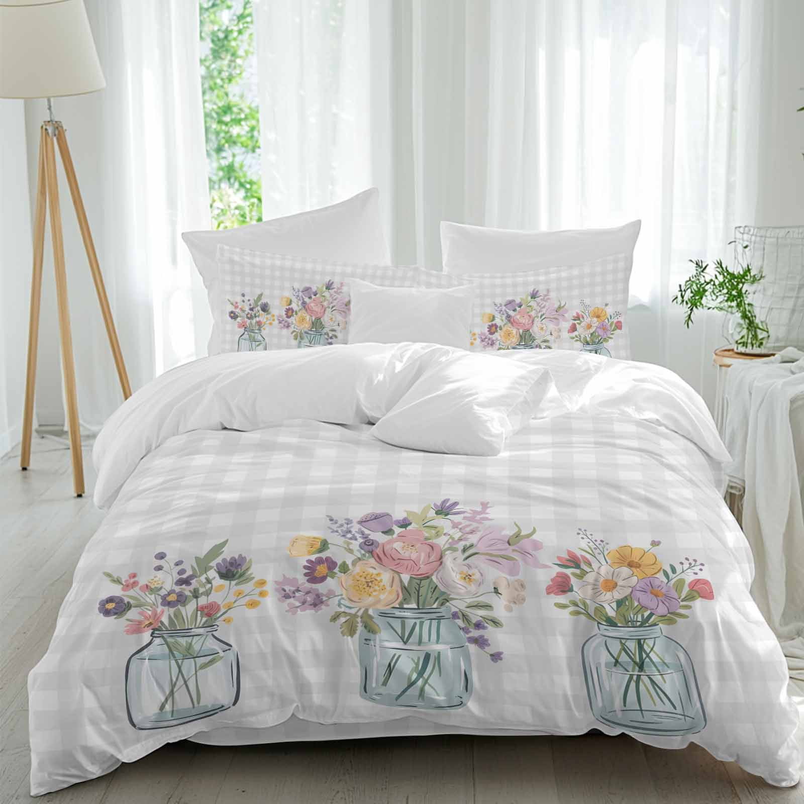 4 Piece Duvet Cover Set Full, Farm Watercolor Flower Bottle Soft ...