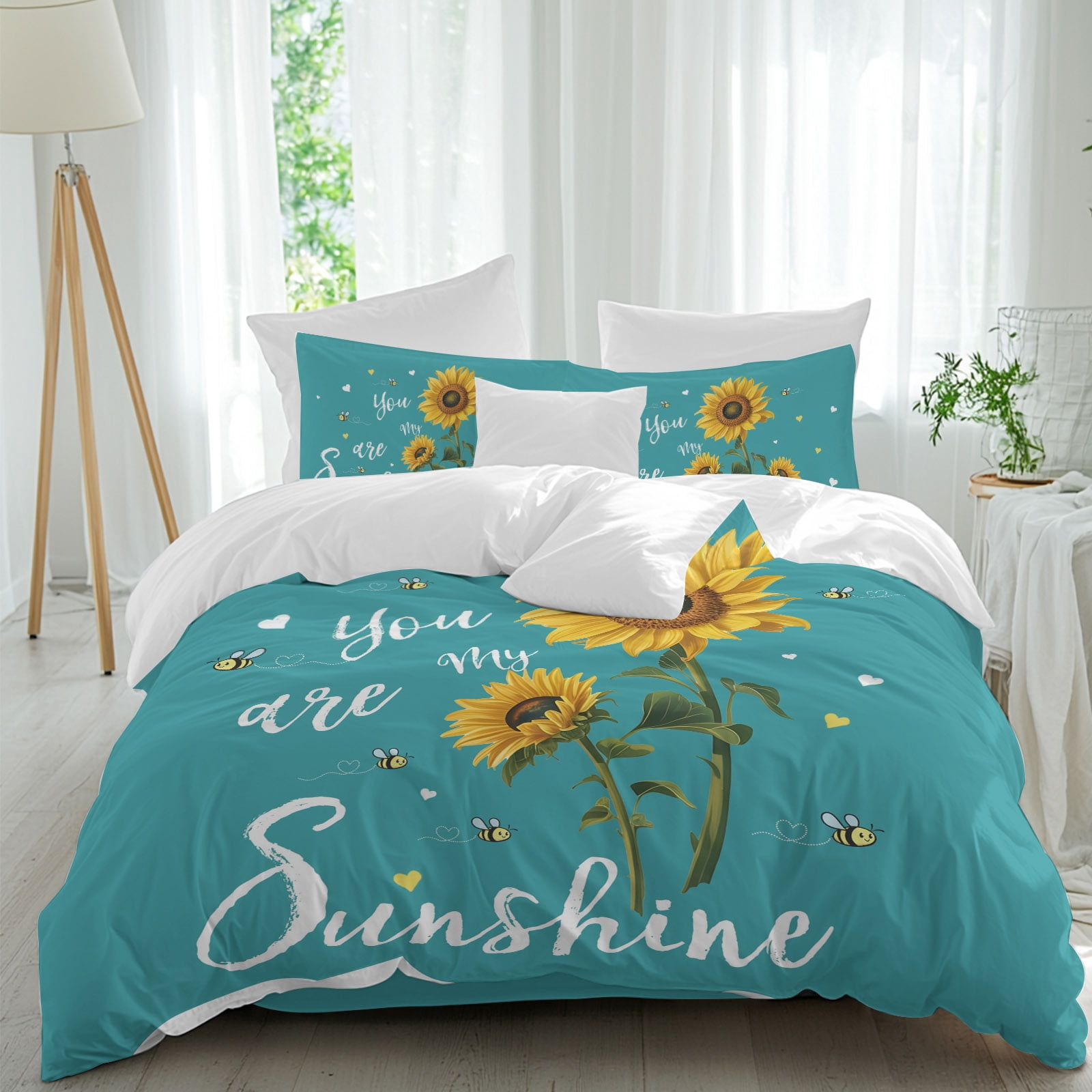4 Piece Duvet Cover Set Full, Farm Watercolor Sunflower with Honeybee ...