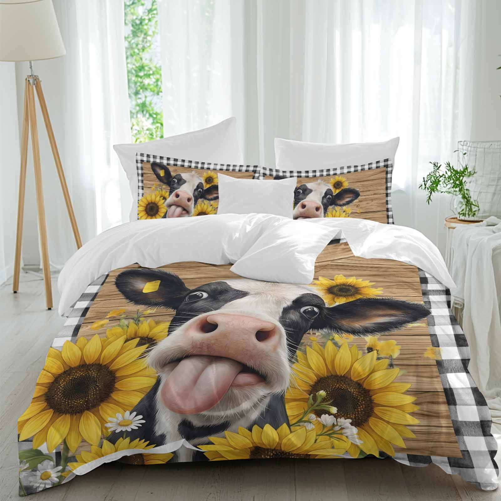 4 Piece Duvet Cover Set Full, Farmhouse Cow Sunflower Buffalo Plaid ...
