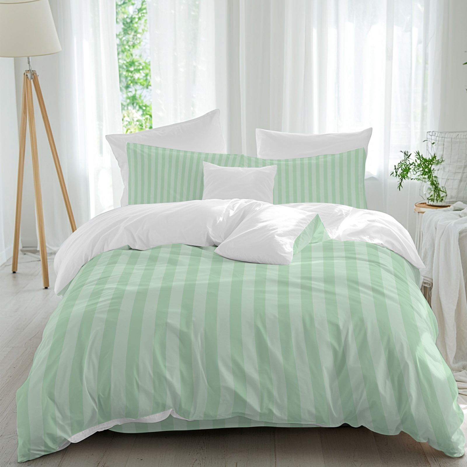 4 Piece Duvet Cover Set Full, Farmhouse Sage Green Stripe Soft ...