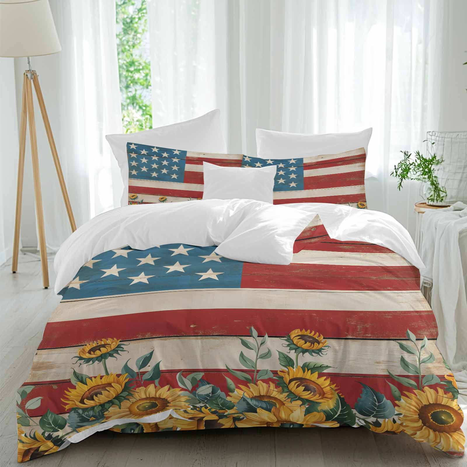 4 Piece Duvet Cover Set Full, Farmhouse Sunflower on Wood USA Flag Soft ...