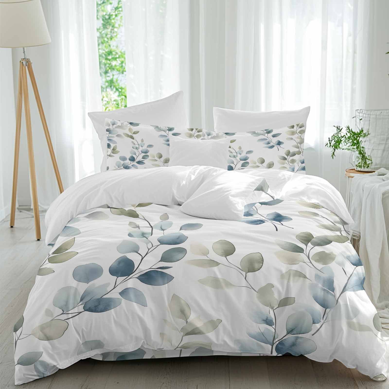 4 Piece Duvet Cover Set Full, Farmhouse Watercolor Eucalyptus Leaves ...