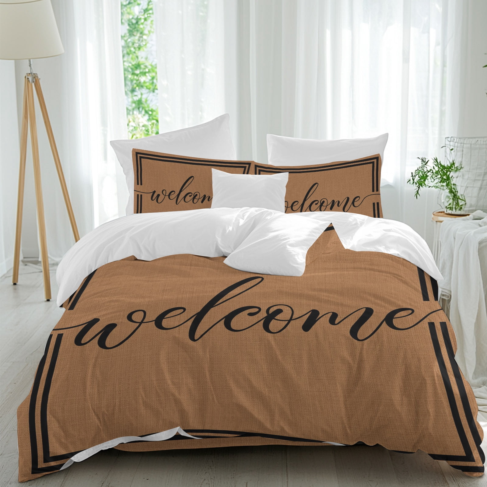 4 Piece Duvet Cover Set Full, Farmhouse Welcome Text Black Line Soft ...