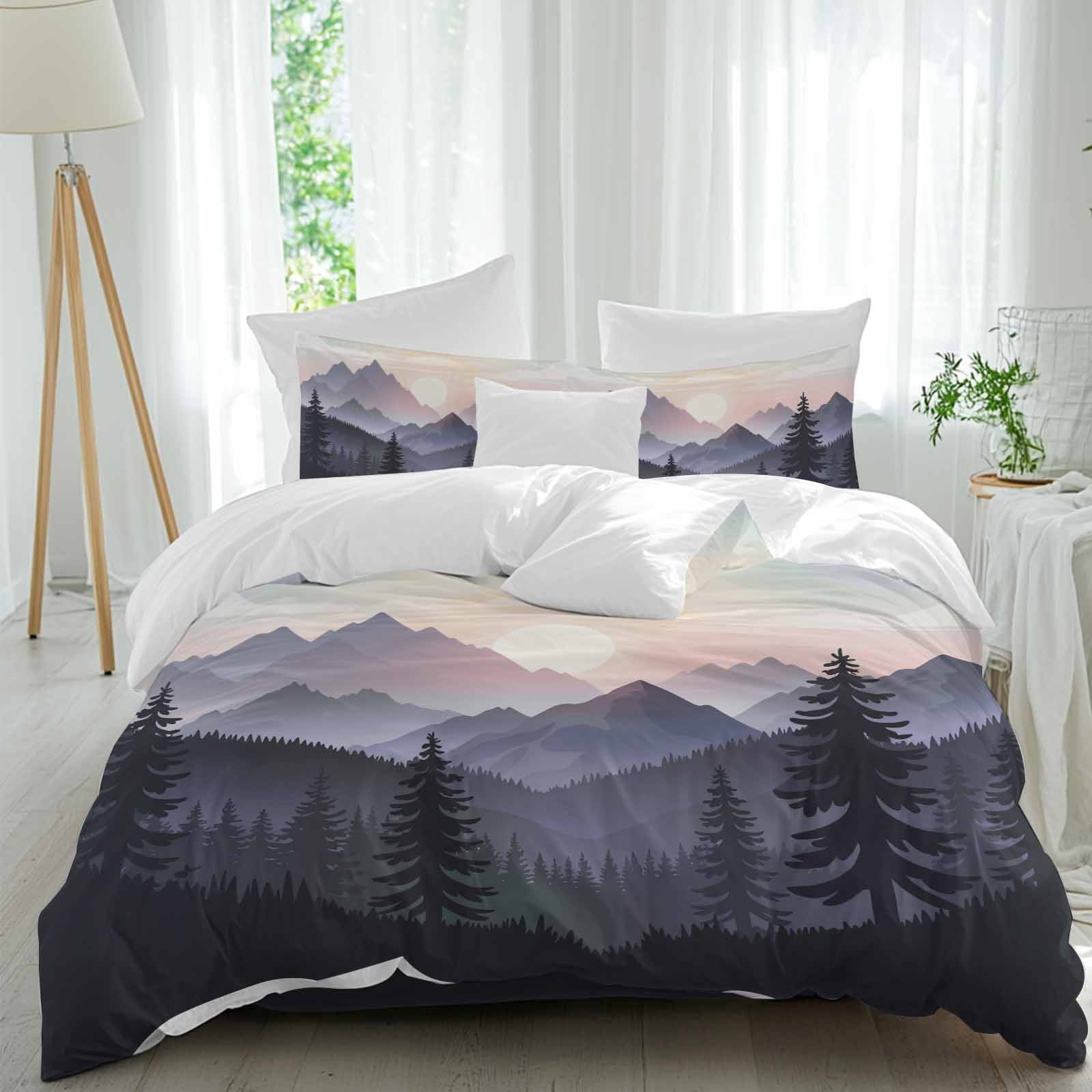 4 Piece Duvet Cover Set Full, Forest Mountain Sunrise Watercolor Soft ...
