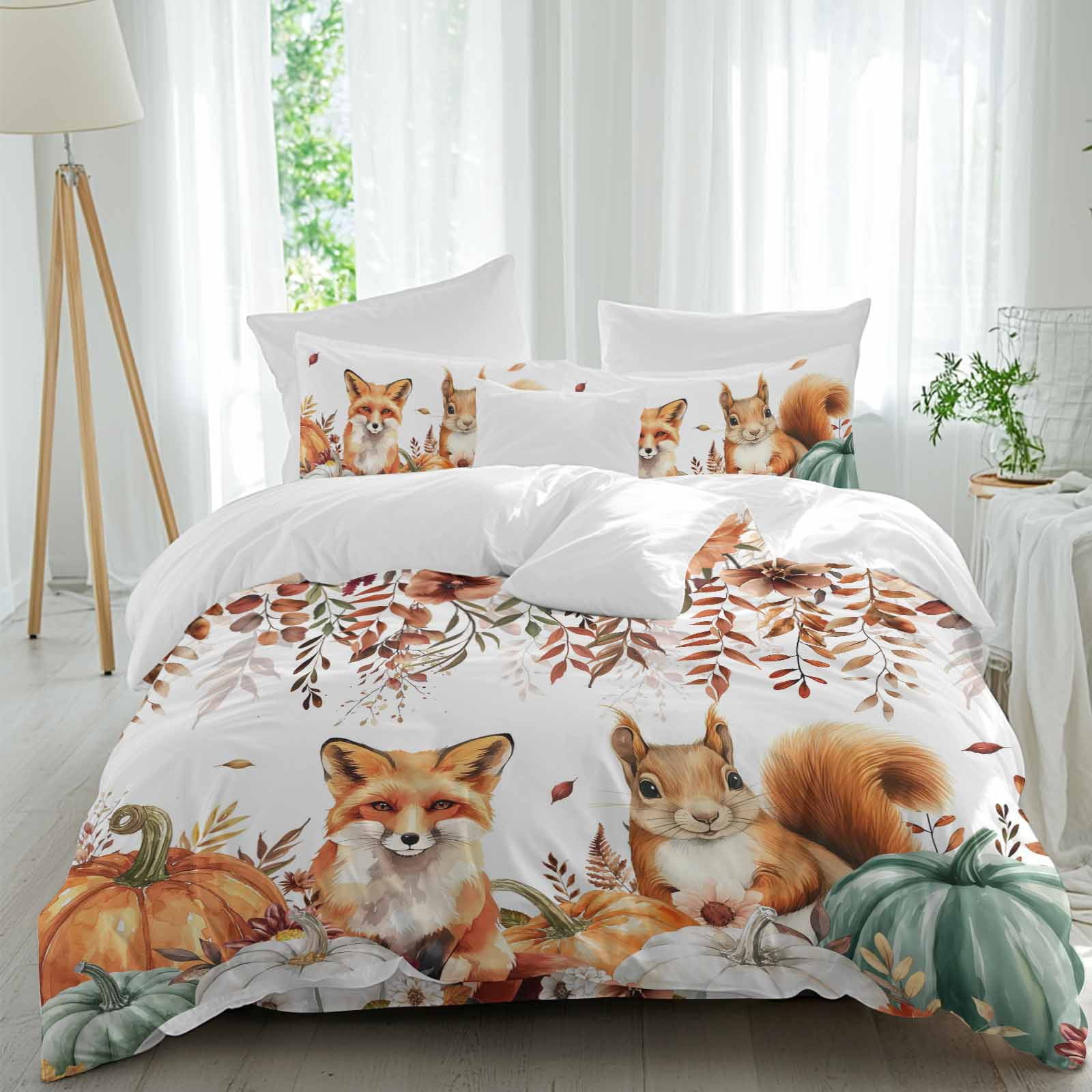 4 Piece Duvet Cover Set Full, Fox Squirrel Thanksgiving Pumpkin Soft ...
