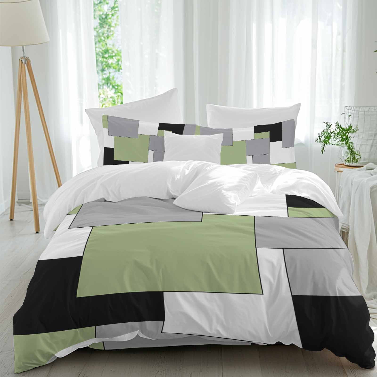 4 Piece Duvet Cover Set Full, Geometric Color Blocks Green White Grey ...