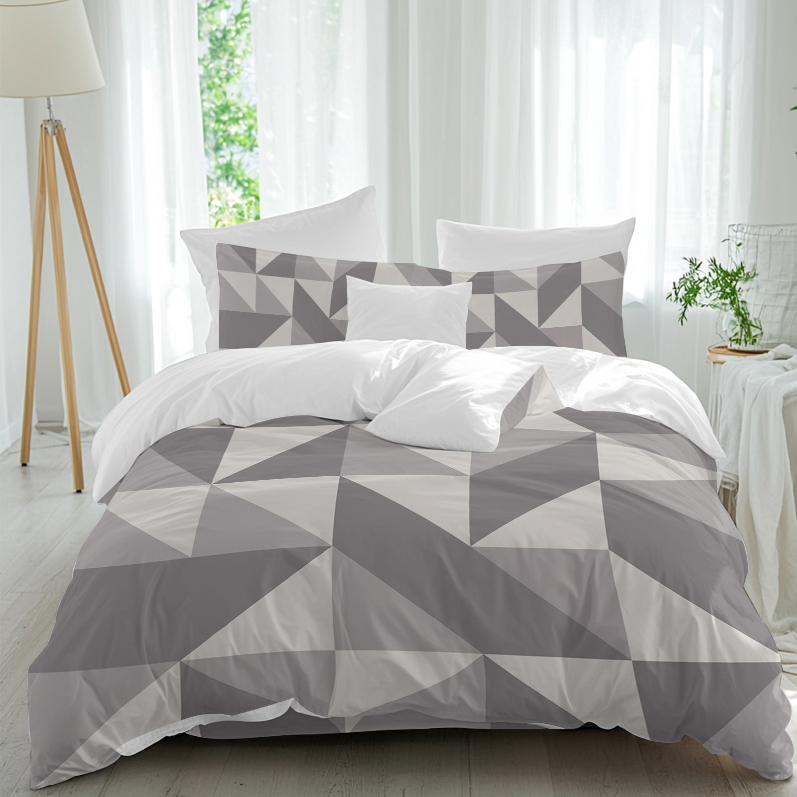 4 Piece Duvet Cover Set Full, Geometric Grey Art Triangle Soft ...