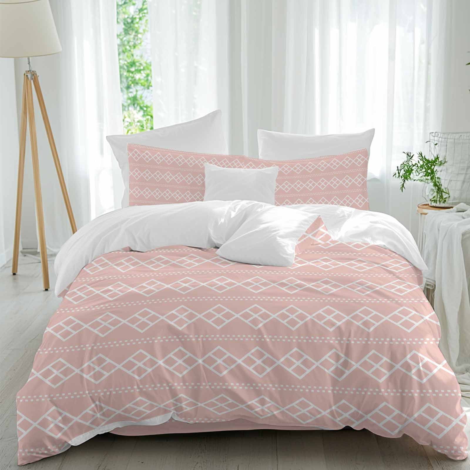 4 Piece Duvet Cover Set Full, Geometric White Dot Square on Pink Soft ...