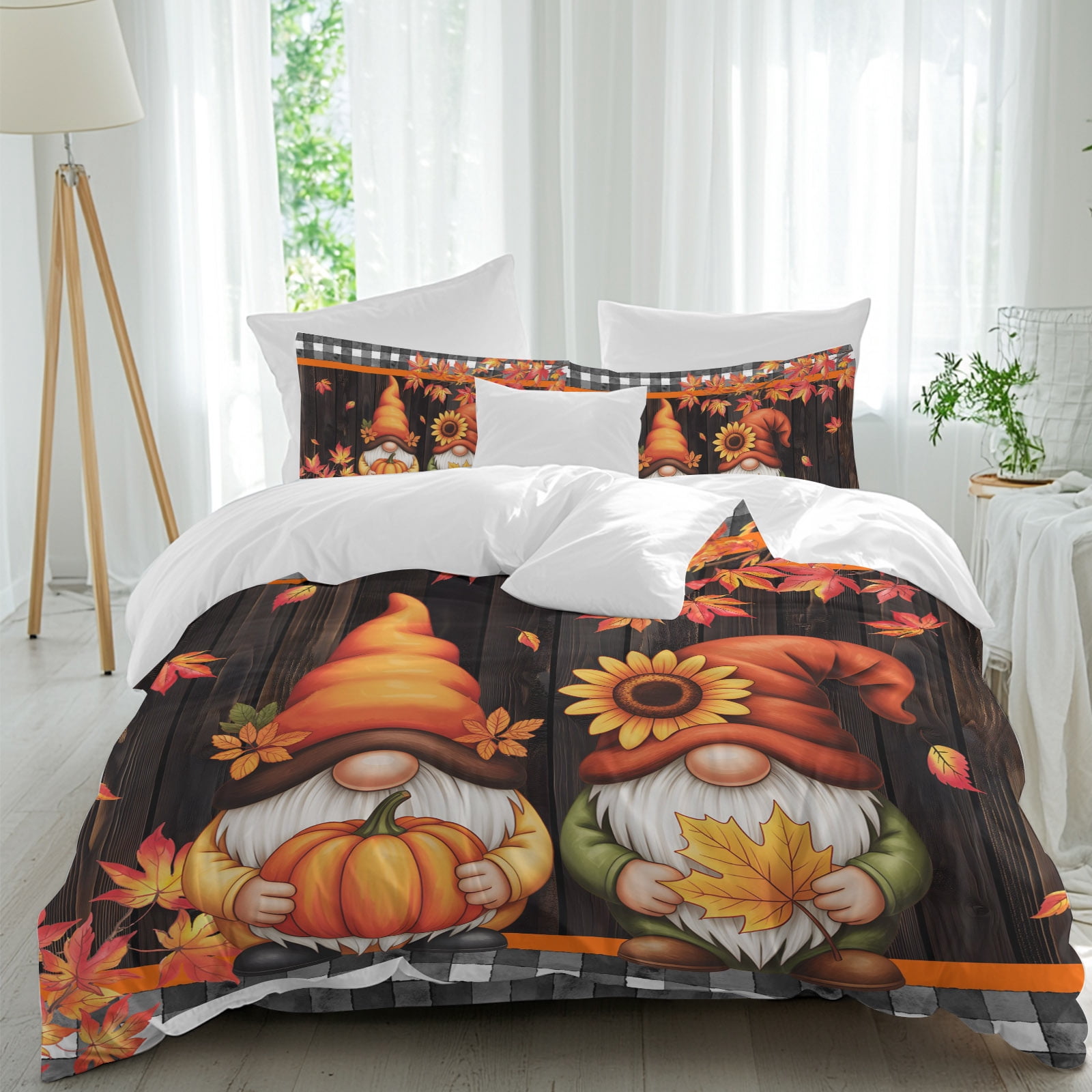 4 Piece Duvet Cover Set Full, Gnome Autumn Maple Leaves Soft Breathable ...