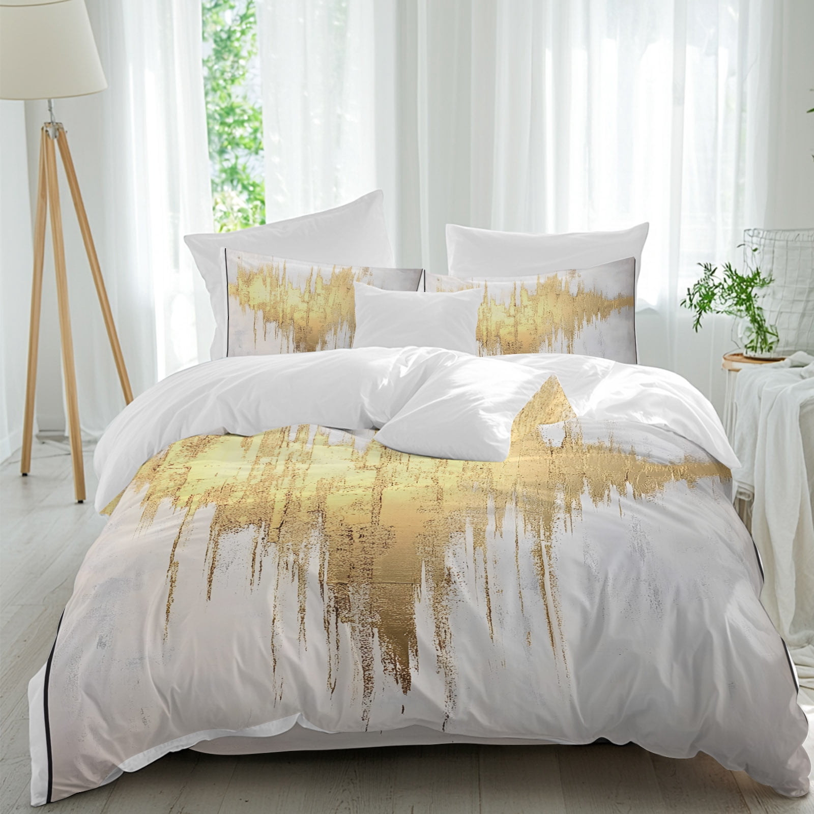 4 Piece Duvet Cover Set Full, Gold Color Block Soft Breathable Bedding ...