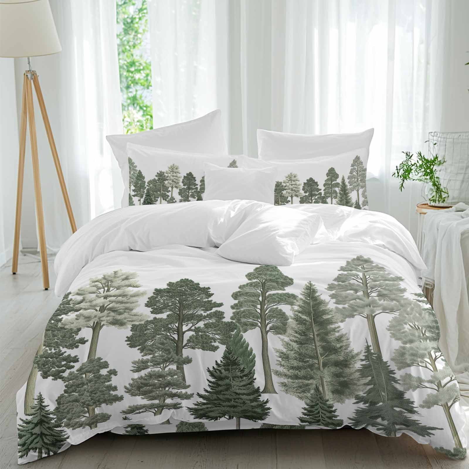 4 Piece Duvet Cover Set Full, Green Pine Tree Watercolor Plant Soft ...