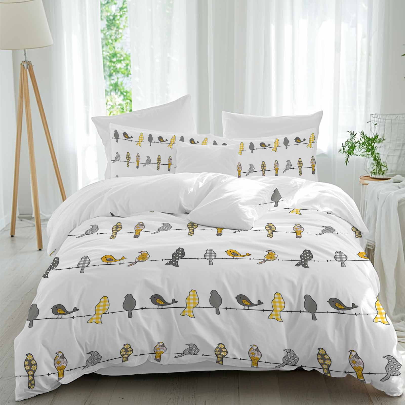4 Piece Duvet Cover Set Full, Grey Yellow Cartoon Birds on Line Soft ...
