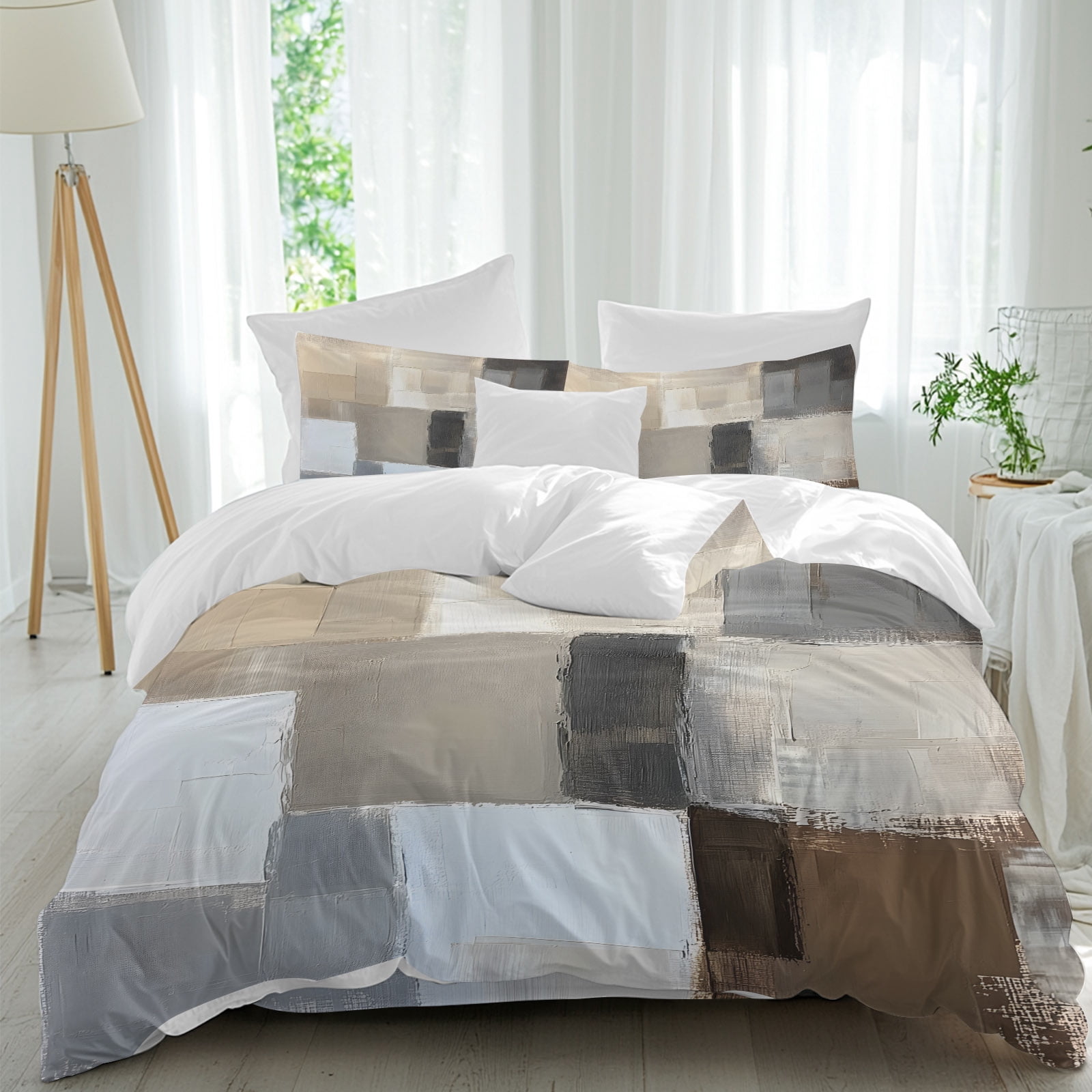 4 Piece Duvet Cover Set Full, Impressionist Style Brown Color Block ...