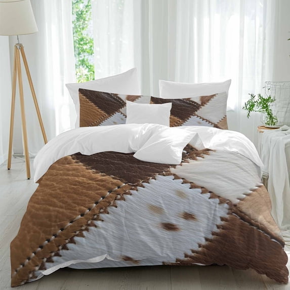 4 Piece Duvet Cover Set Full, Leather Patchwork Cowhide Texture Soft ...
