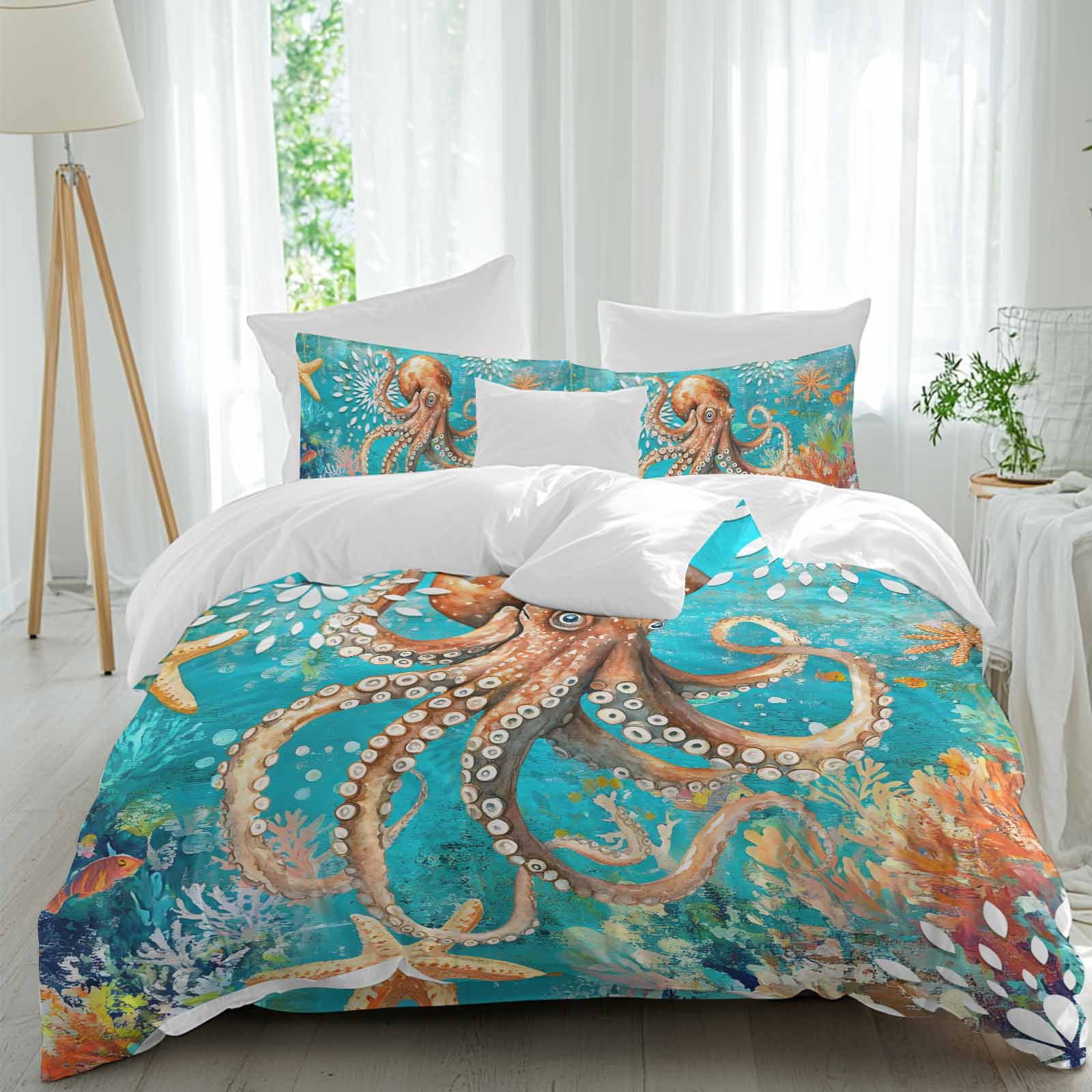 4 Piece Duvet Cover Set Full, Marine Life Octopus on Green Soft ...