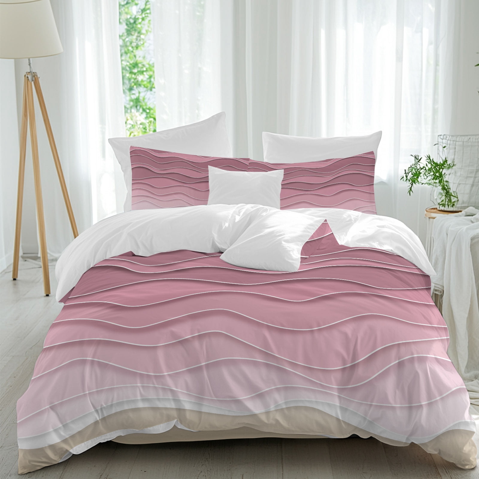 4 Piece Duvet Cover Set Full, Modern Coastal Ocean Pink Sea Waves Soft ...