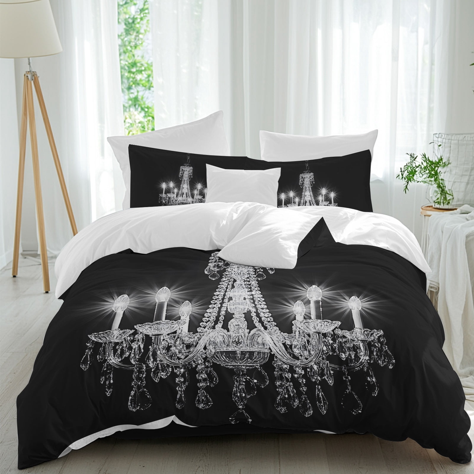 4 Piece Duvet Cover Set Full, Modern Crystal Lighting on Black Soft ...