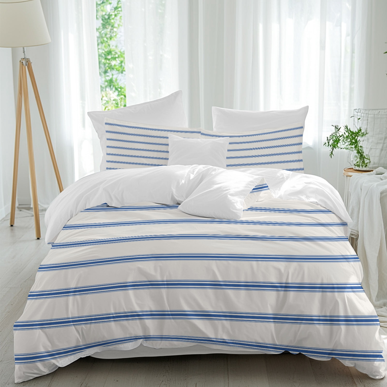 4 Piece Duvet Cover Set Full, Modern Geometric Blue Stripe Soft ...