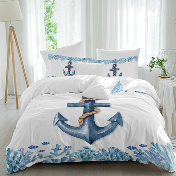 4 Piece Duvet Cover Set Full, Nautical Anchor Strings Ocean Coral Soft ...