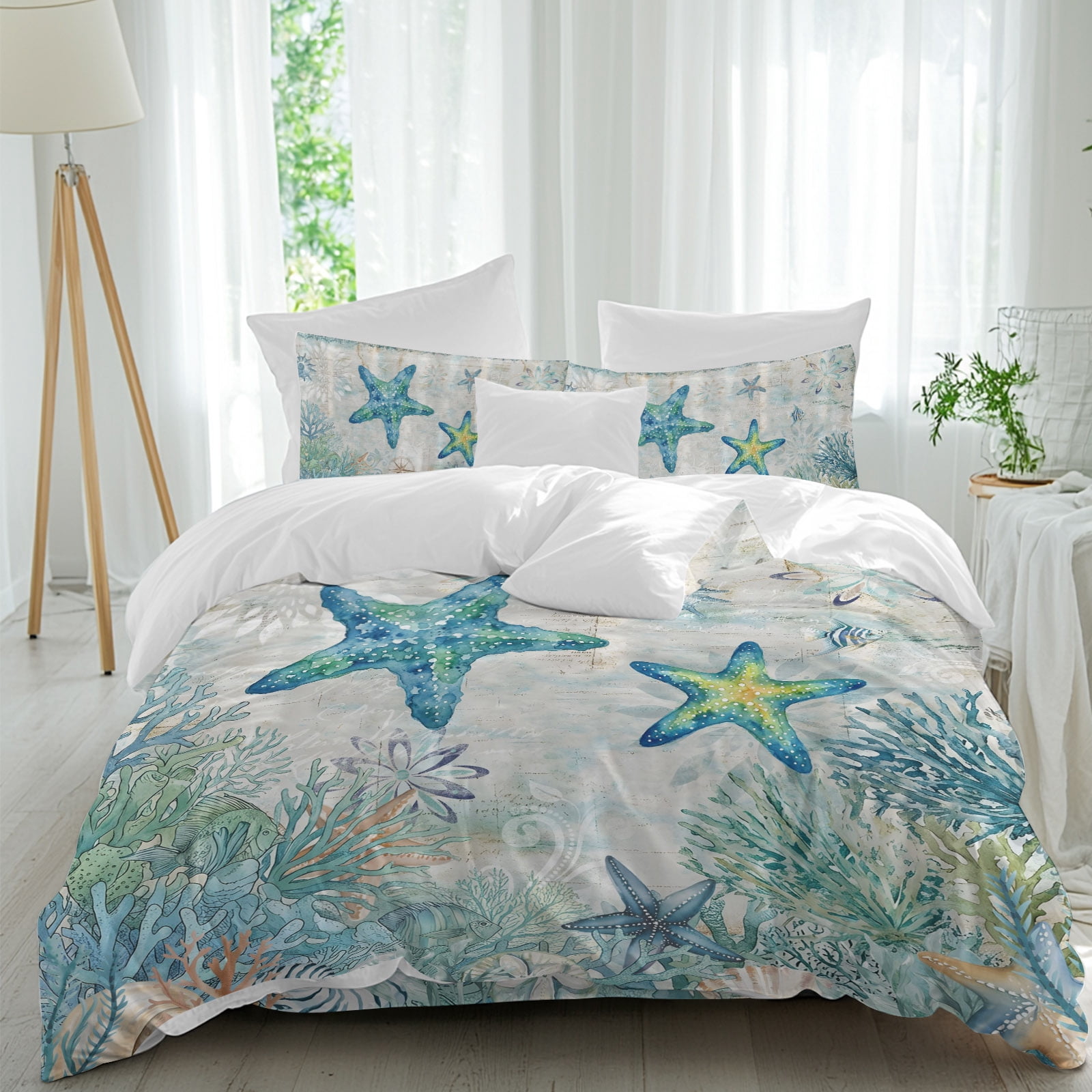 4 Piece Duvet Cover Set Full, Nautical Starfish Vintage Map Soft ...