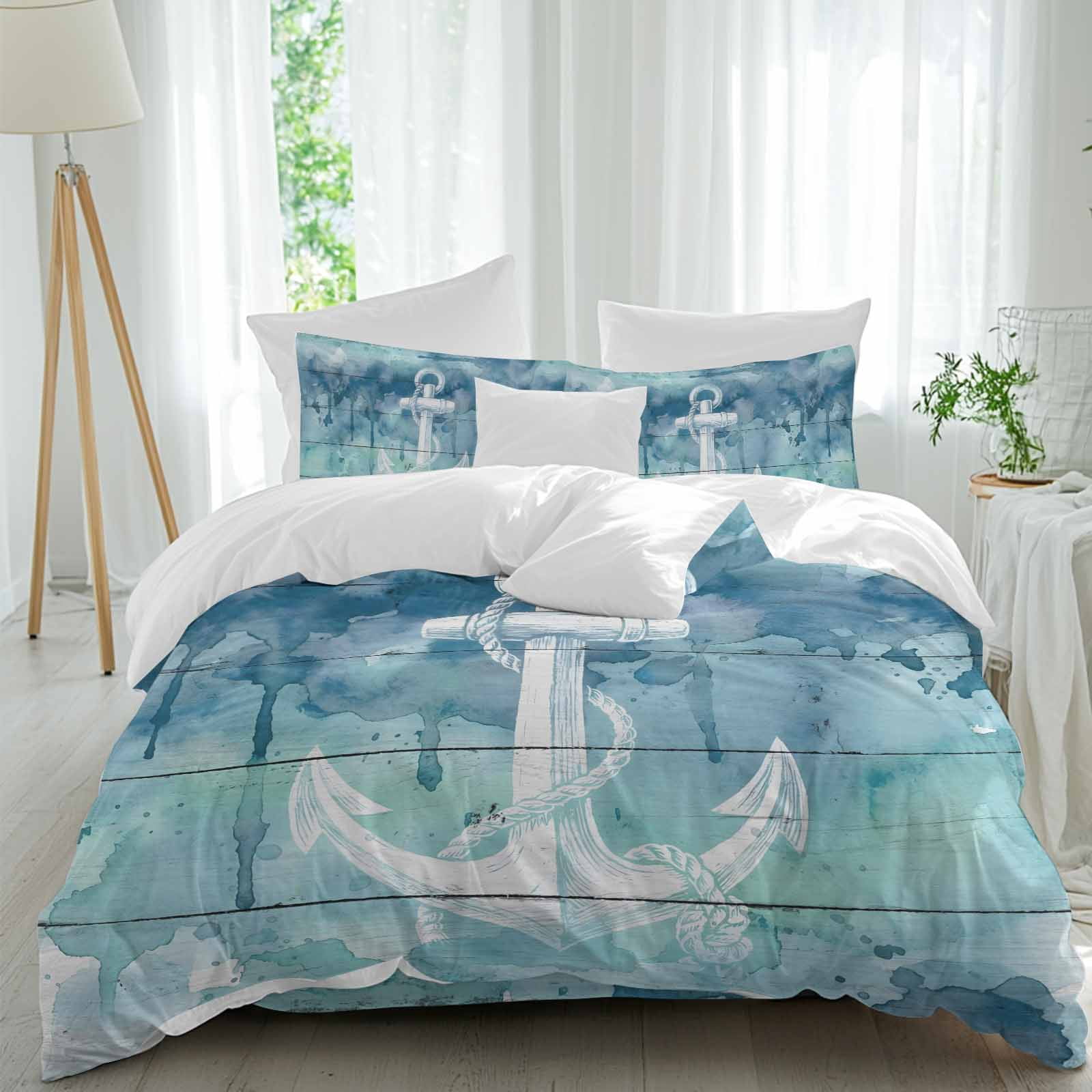 4 Piece Duvet Cover Set Full, Nautical White Anchor Silhouette Soft ...