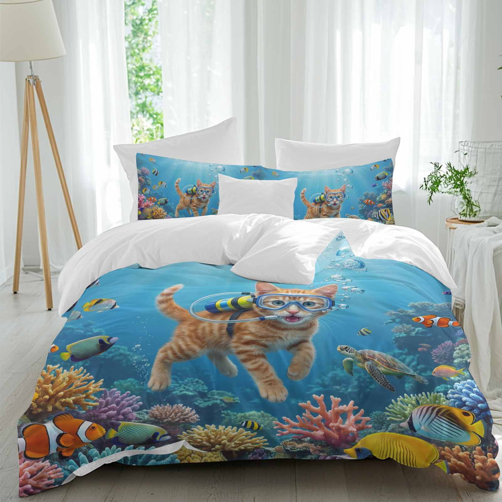 4 Piece Duvet Cover Set Full, Ocean Diving Cat Coral Fish Soft ...