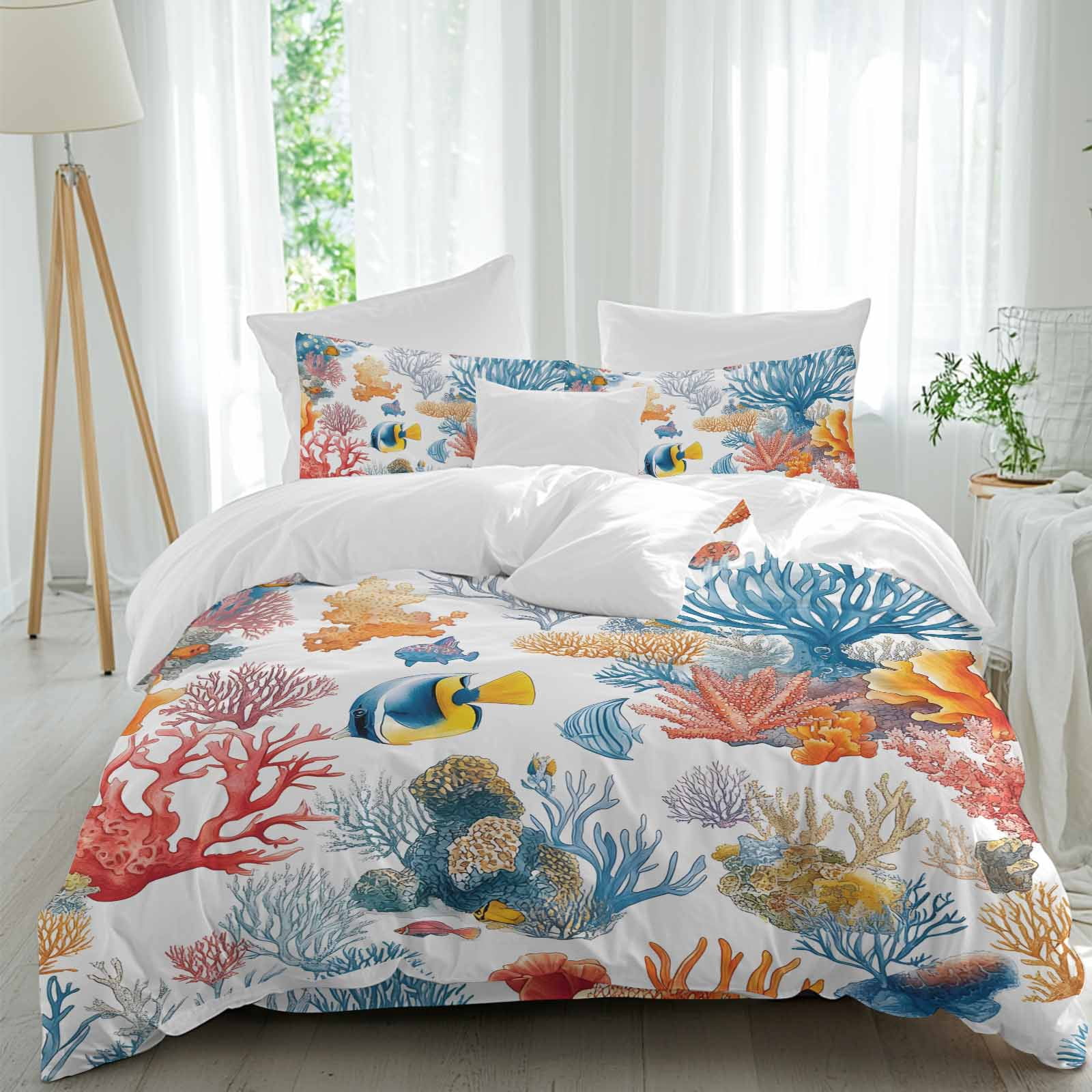 4 Piece Duvet Cover Set Full, Ocean Fish Colorful Coral Soft Breathable ...