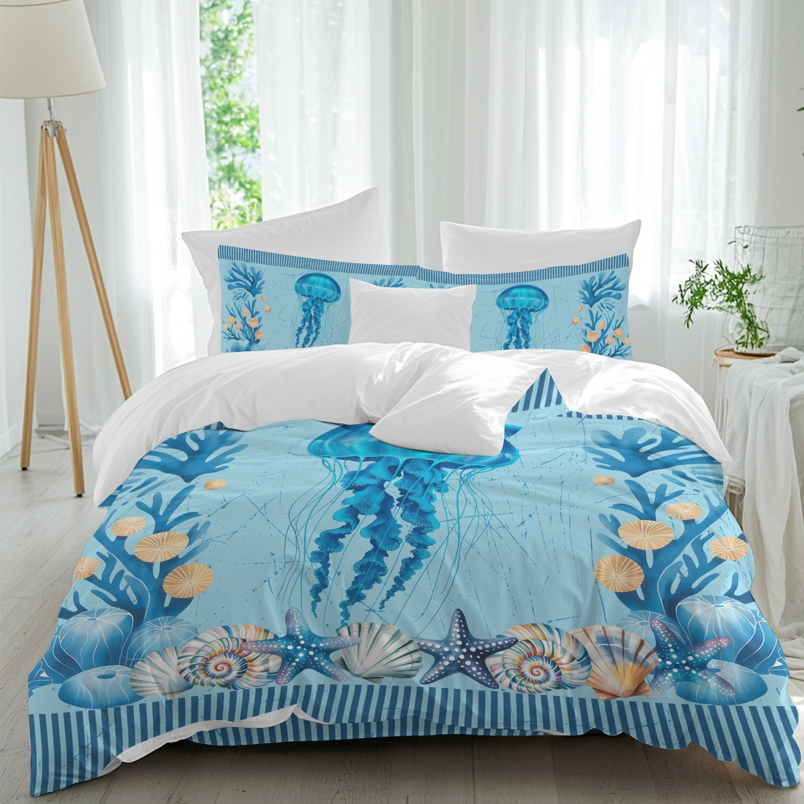 4 Piece Duvet Cover Set Full, Ocean Jellyfish Starfish Coral Soft ...