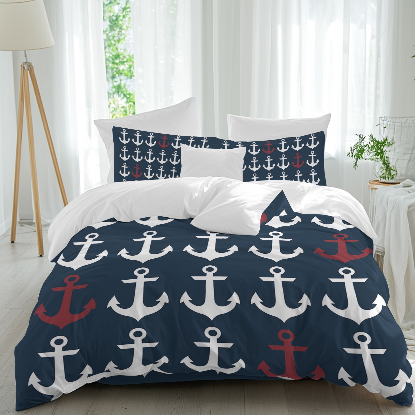 4 Piece Duvet Cover Set Full, Ocean Nautical White and Red Ship's ...