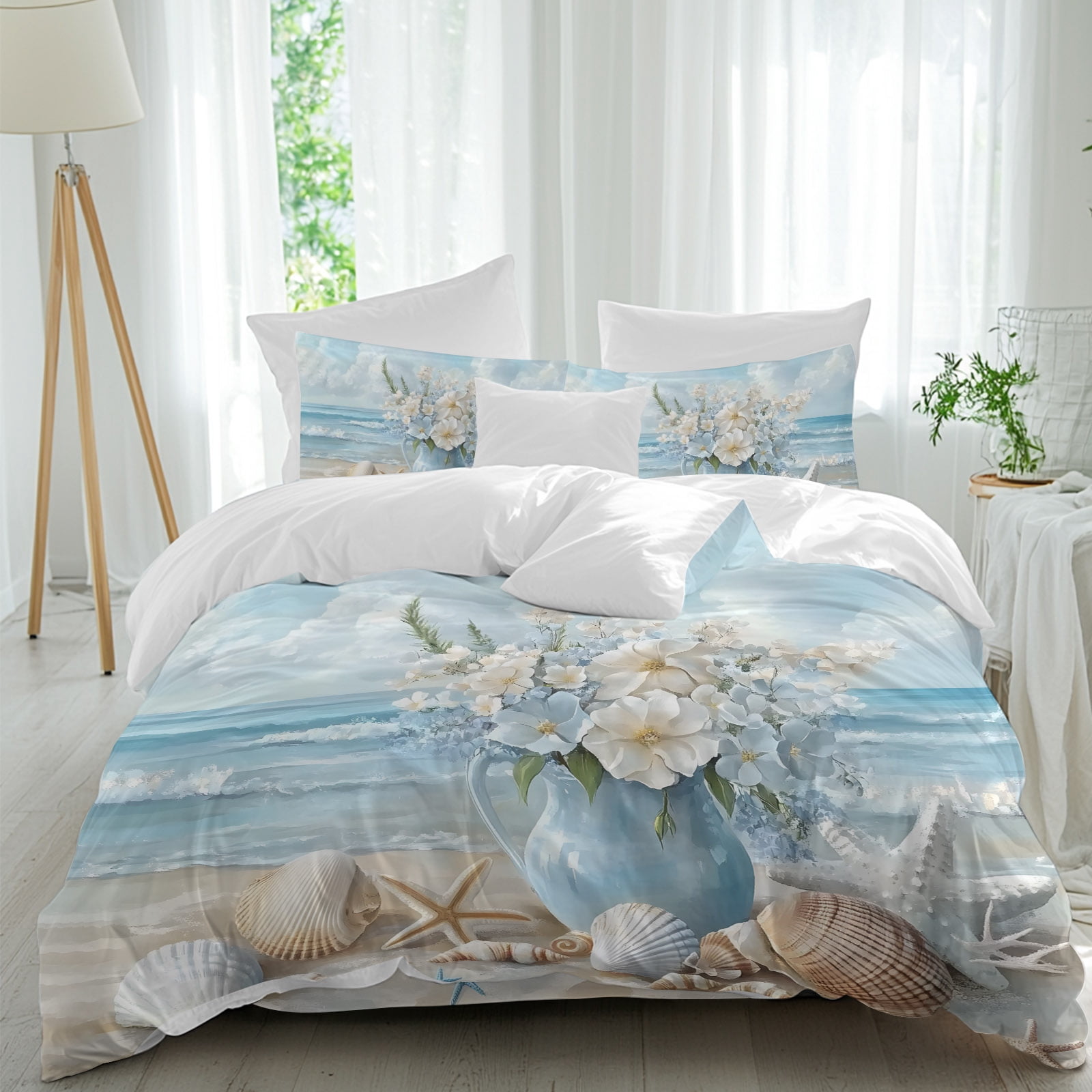 4 Piece Duvet Cover Set Full, Ocean Starfish Shell Flower Vase Soft ...