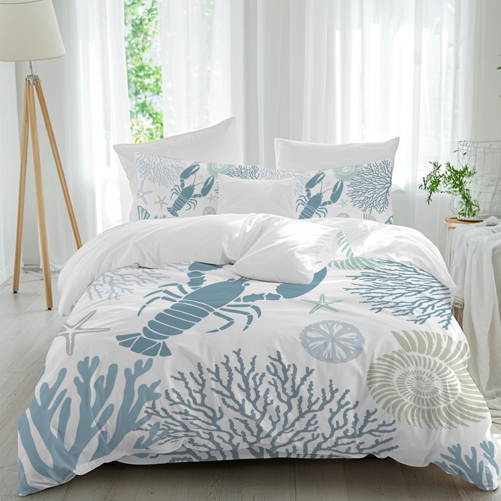 4 Piece Duvet Cover Set Full, Ocean Teal Blue Lobster Coral Starfish ...