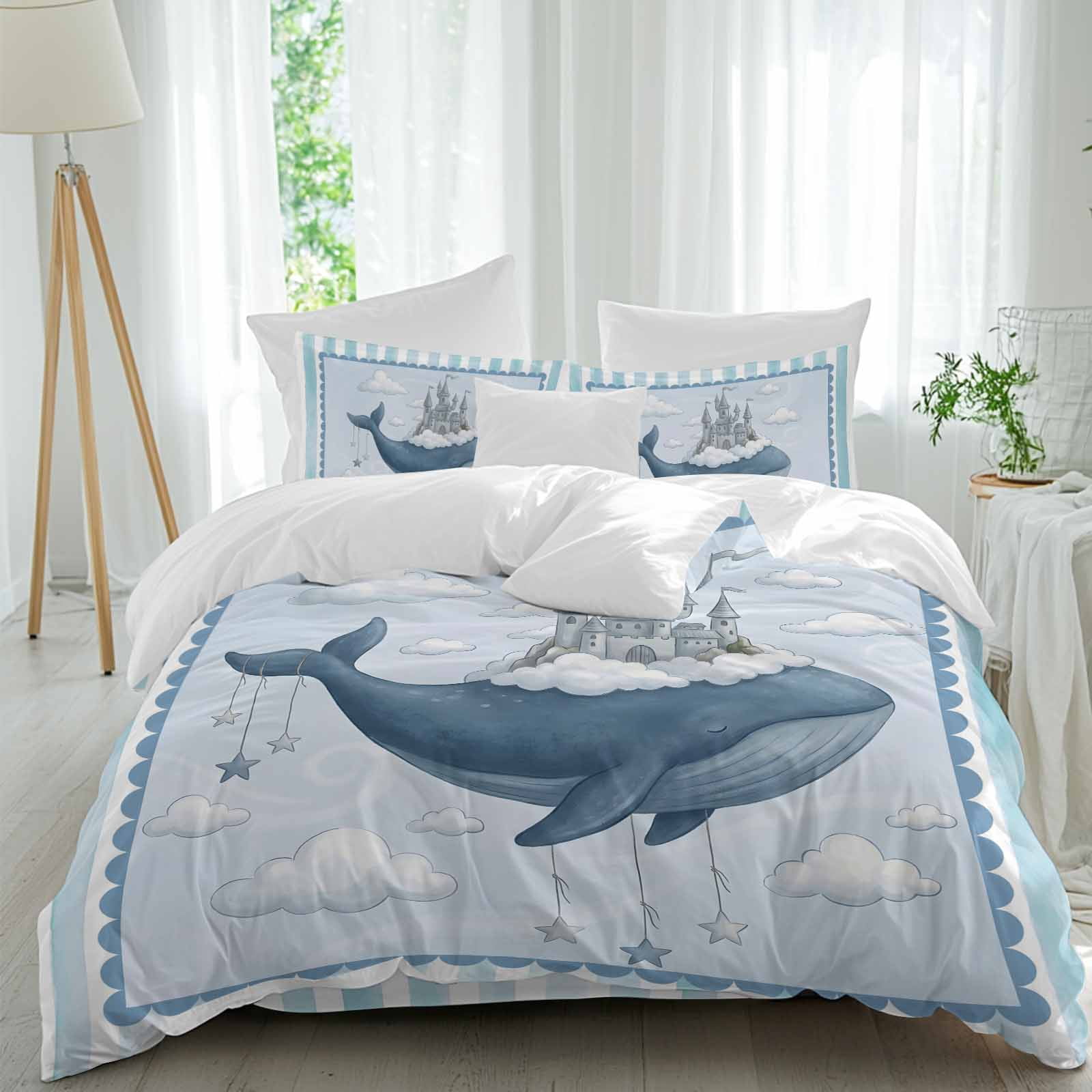 4 Piece Duvet Cover Set Full, Ocean Whale Castle Cloud Sky Soft ...