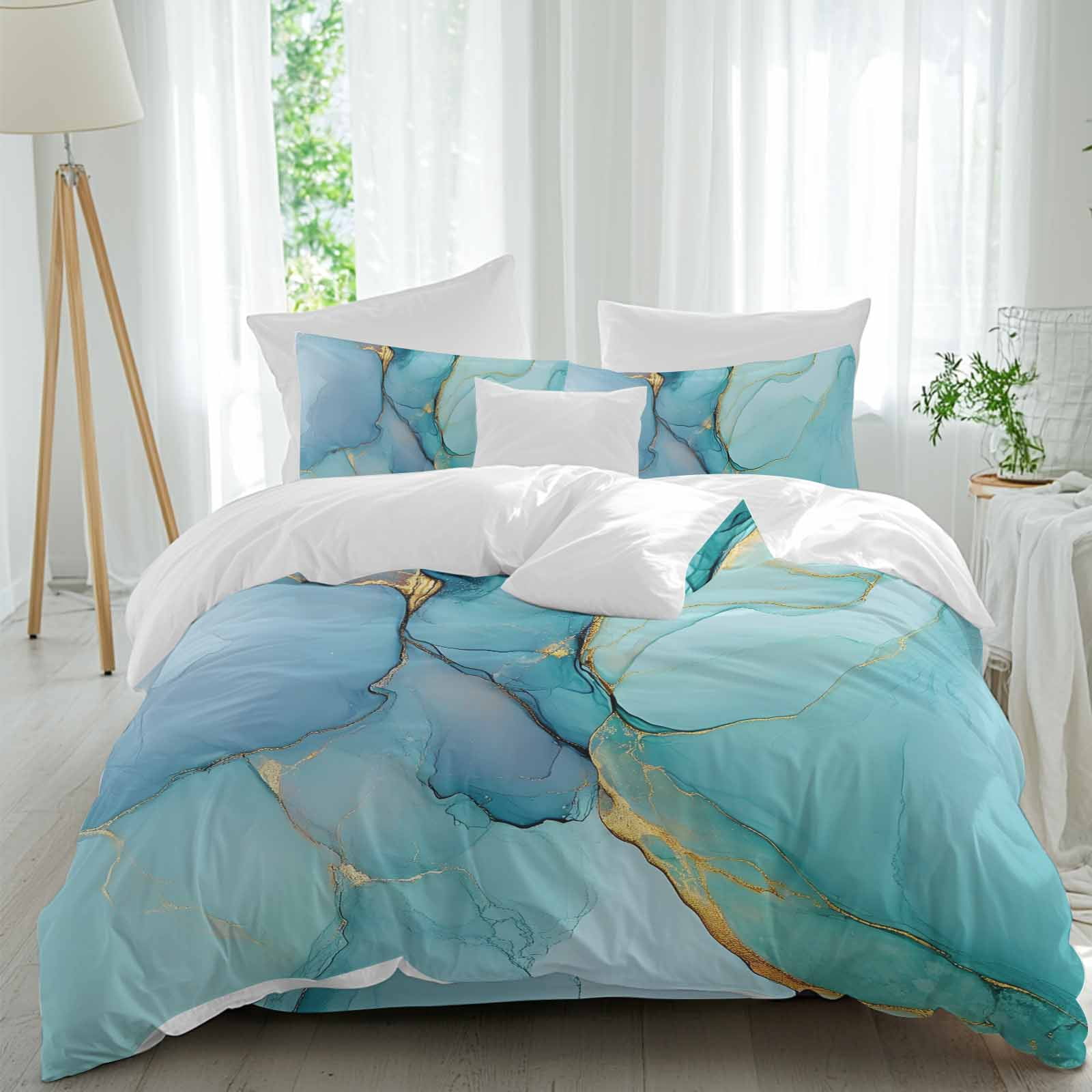 4 Piece Duvet Cover Set Full, Ombre Aqua Green Blue Marble Soft ...