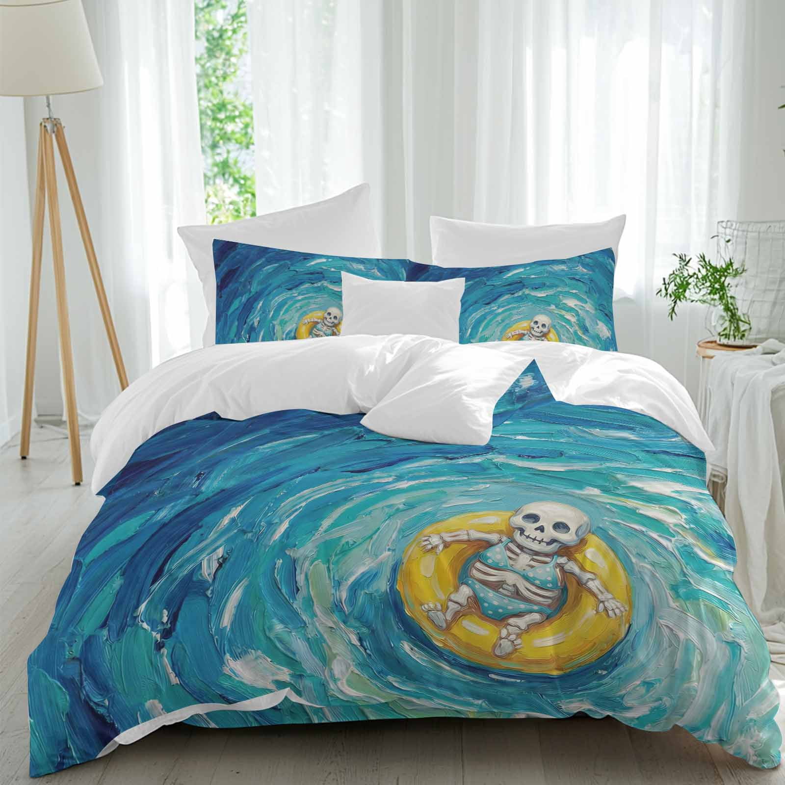 4 Piece Duvet Cover Set Full, Ombre Blue Ocean Funny Skeleton Soft ...
