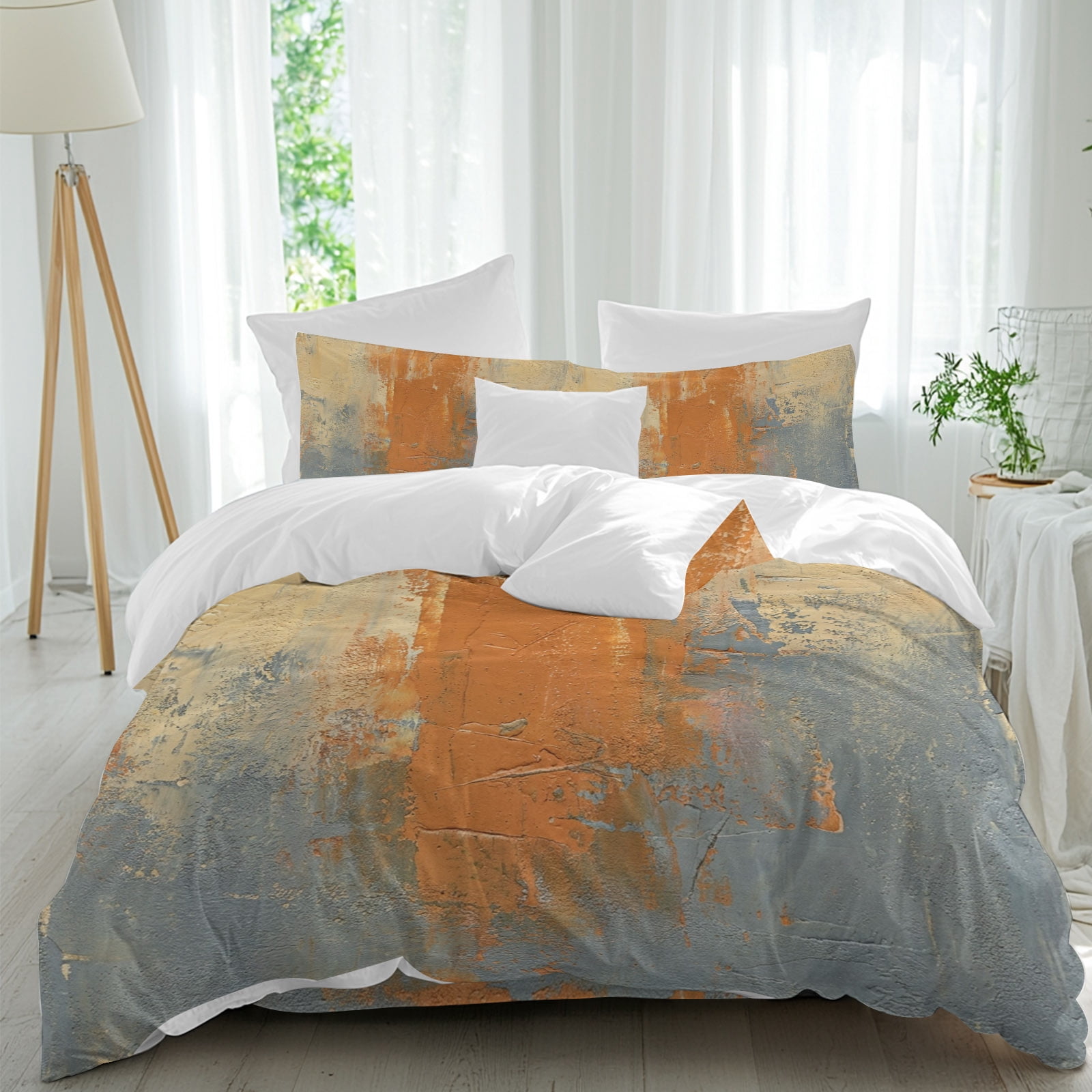4 Piece Duvet Cover Set Full, Orange Gray Abstract Graffiti Soft ...