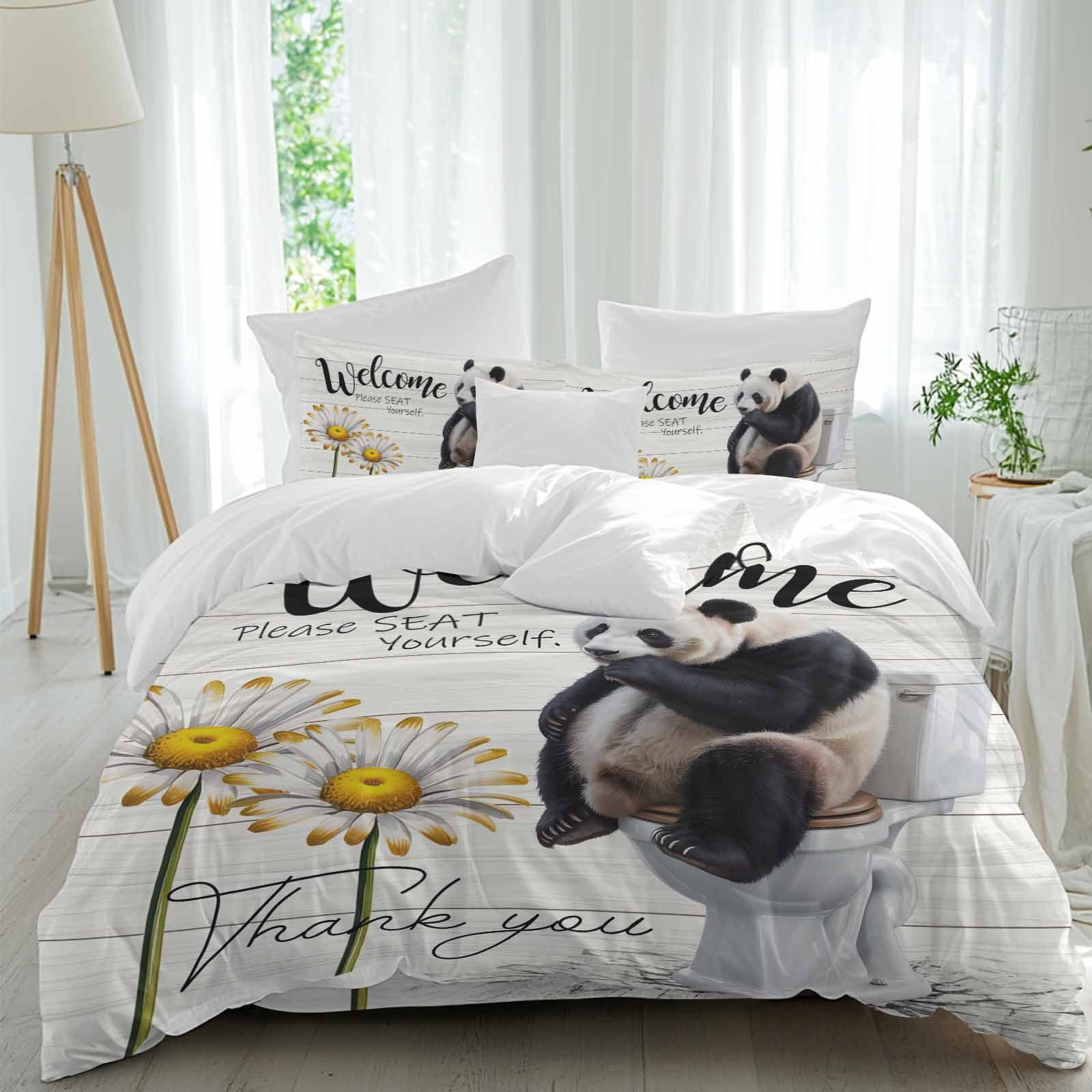 4 Piece Duvet Cover Set Full, Panda Sitting on The Toilet Soft ...