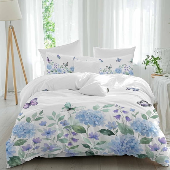 4 Piece Duvet Cover Set Full, Pastoral Blue Hydrangea Green Leaf Soft ...