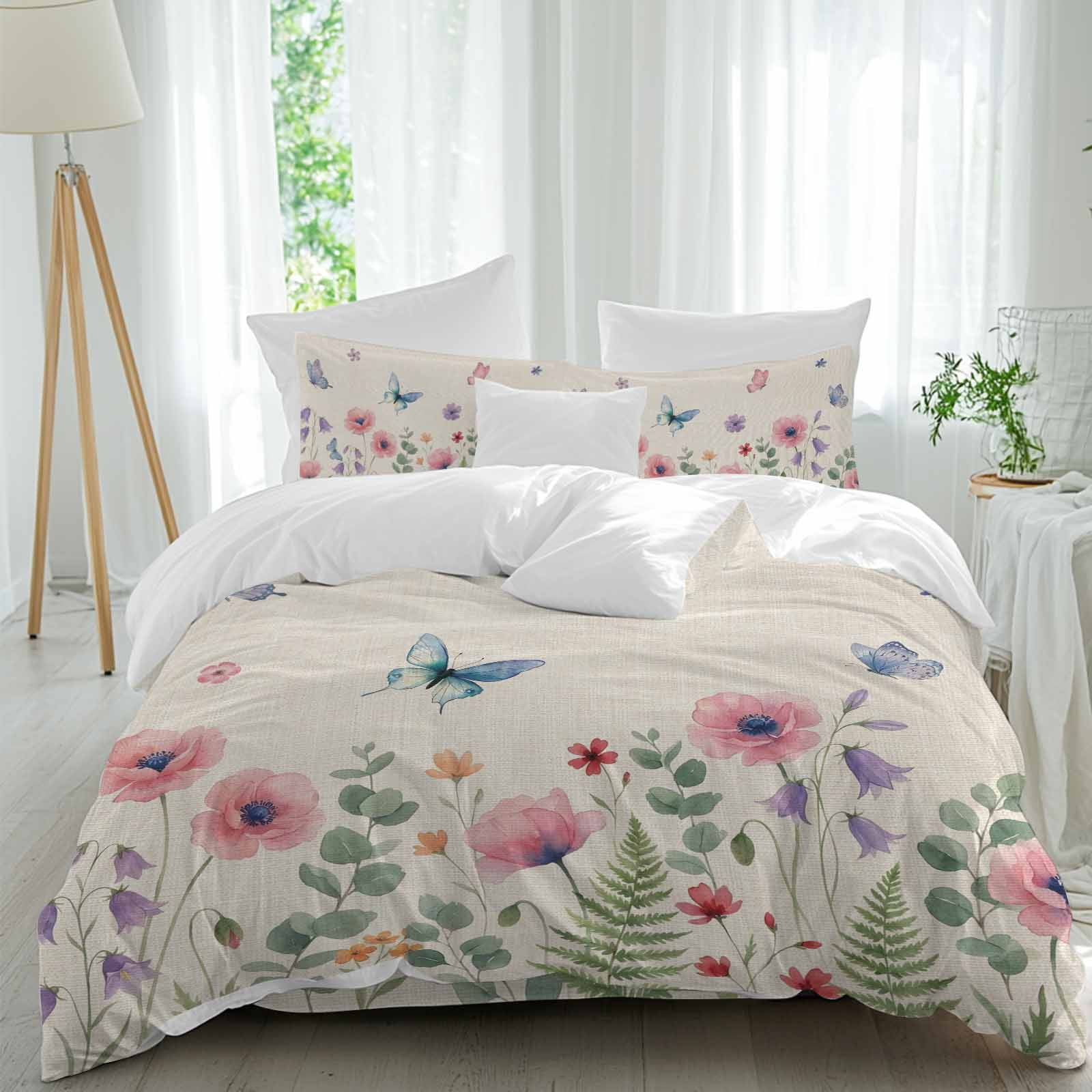4 Piece Duvet Cover Set Full, Pastoral Flower Leaf Butterfly Soft ...