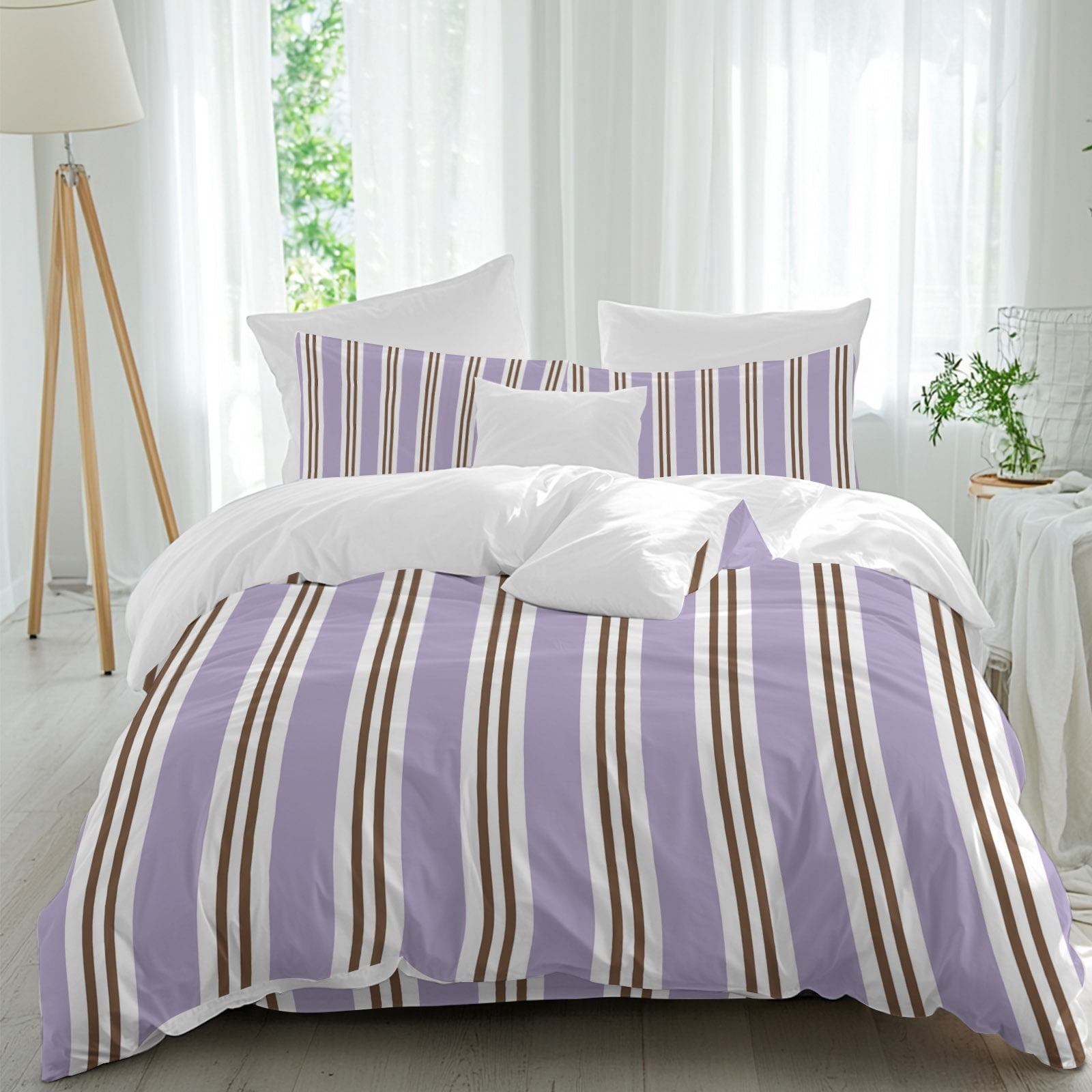 4 Piece Duvet Cover Set Full, Purple Brown Stripes Line Soft Breathable ...