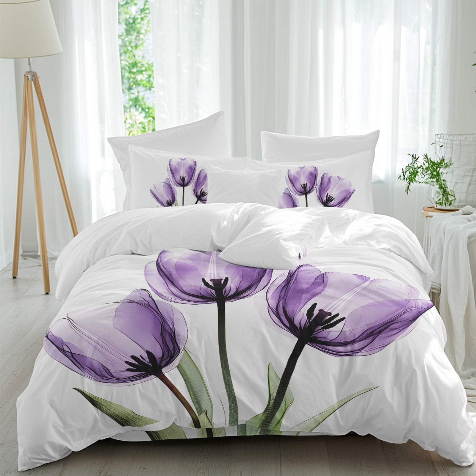 4 Piece Duvet Cover Set Full, Purple Tulip Blossom Floral on White Soft ...