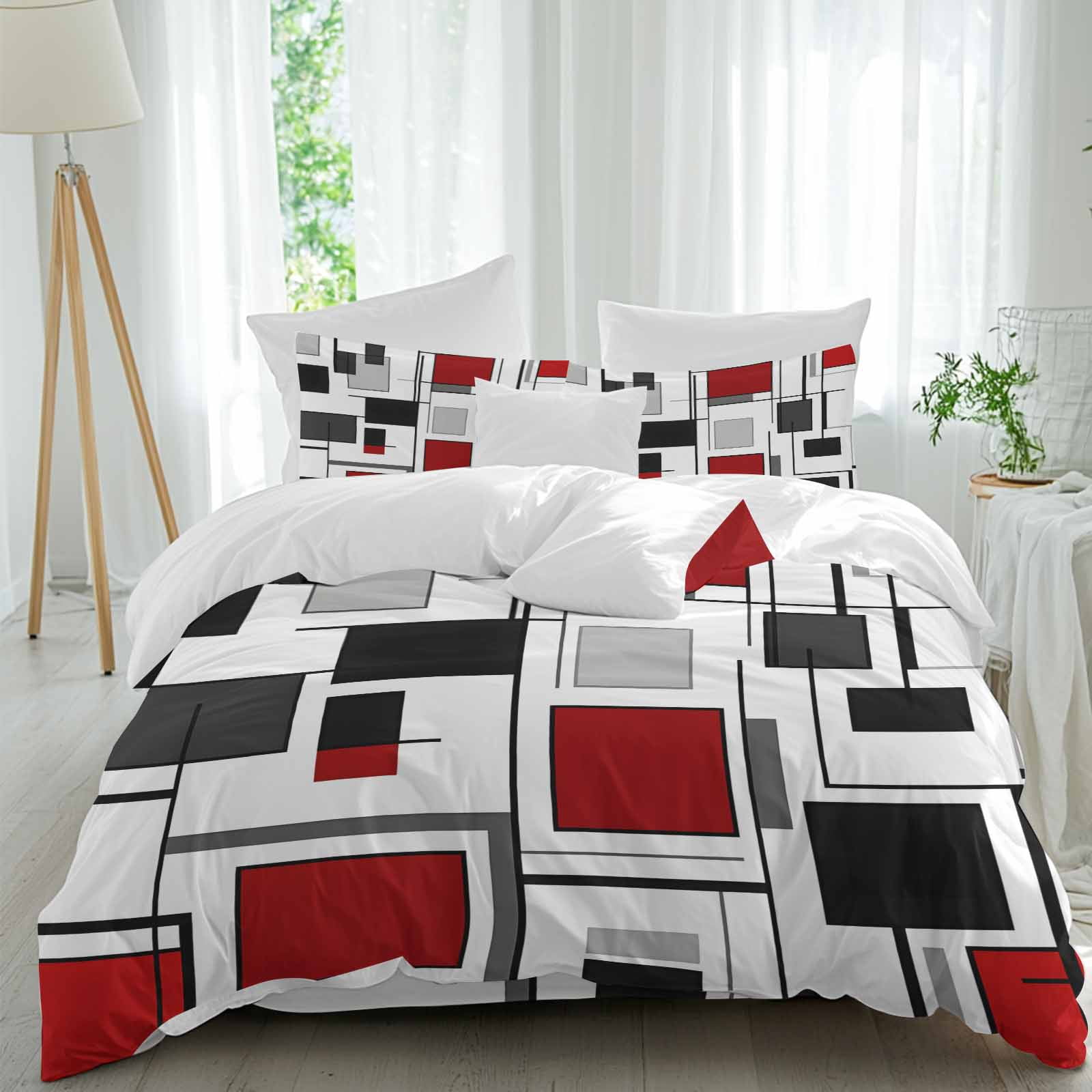 4 Piece Duvet Cover Set Full, Red Color Block Abstract Geometric Soft ...