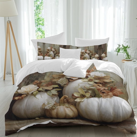4 Piece Duvet Cover Set Full, Retro Autumn Pumpkin Flower Soft ...
